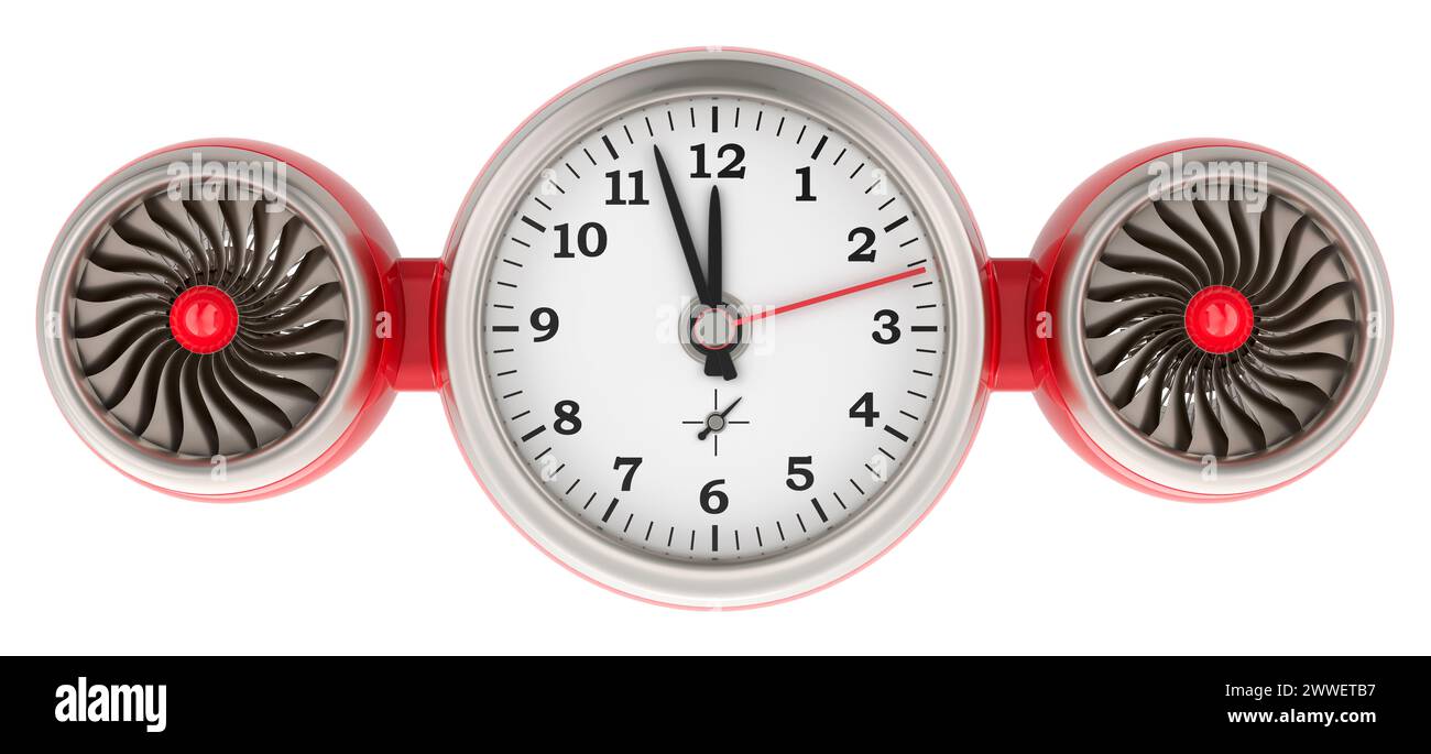 Clock with jet engines. Fast service, concept. 3D rendering isolated on ...