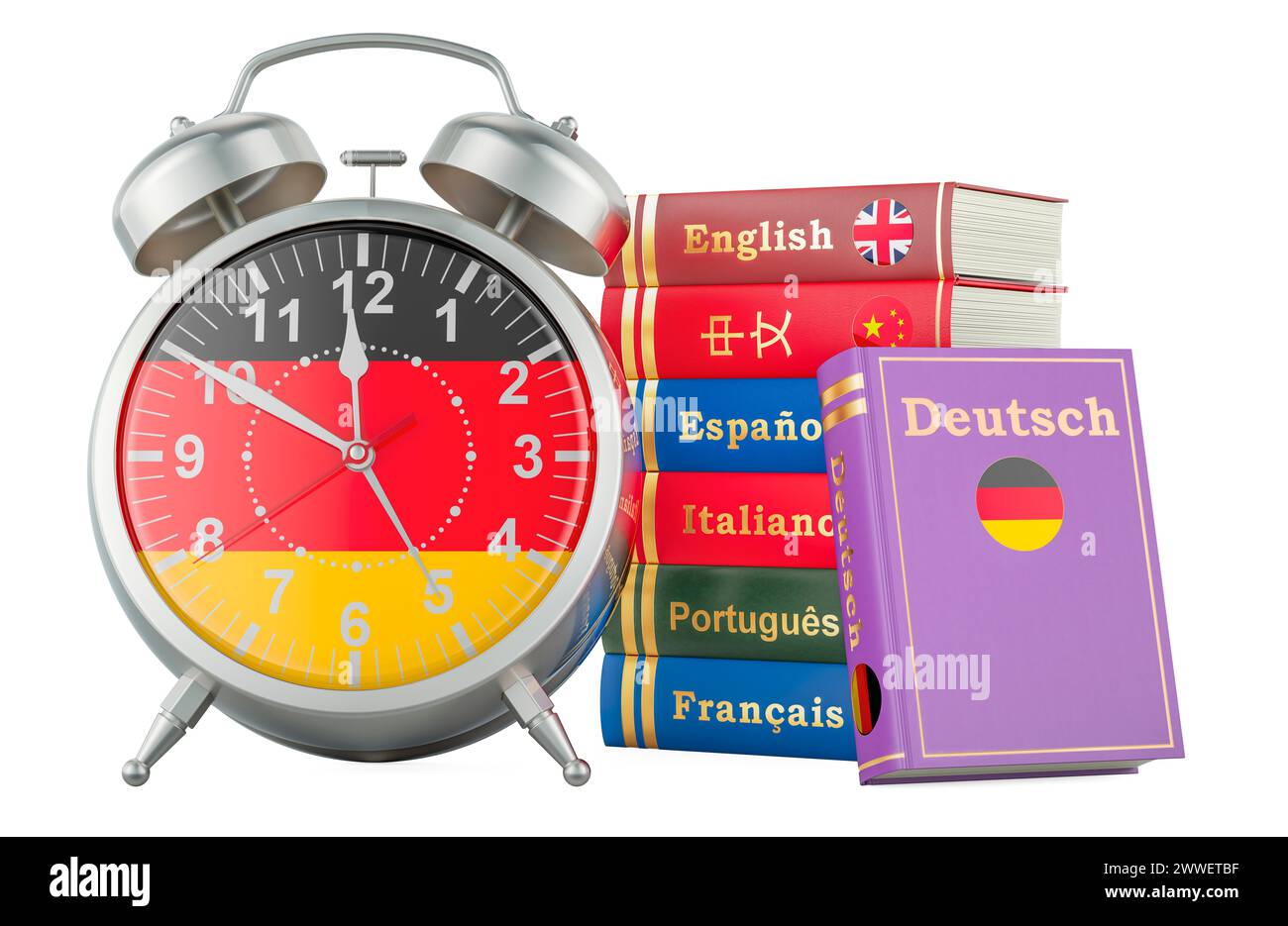 German course, lessons concept. Books with alarm clock. Time to learn ...