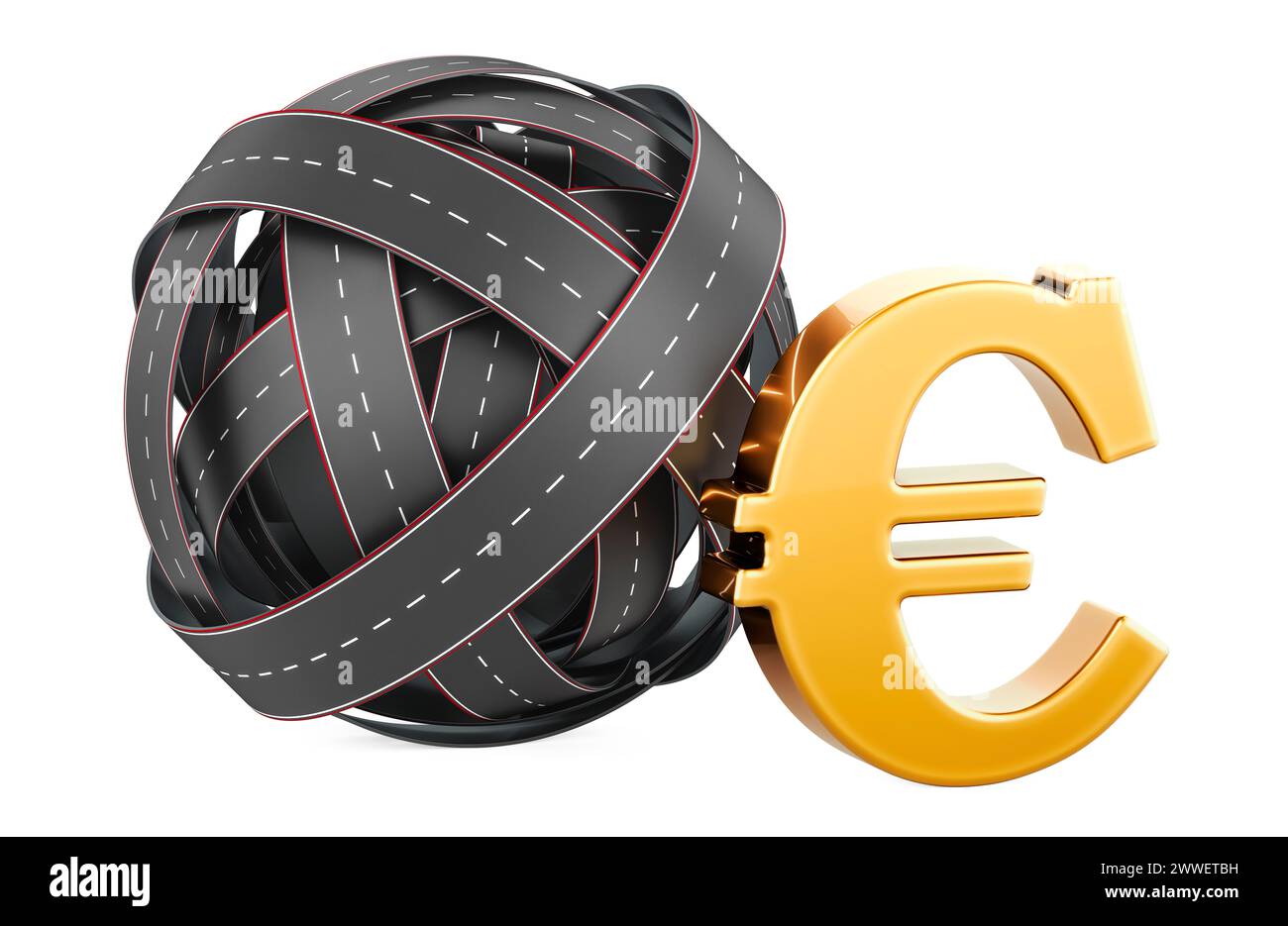 Toll road, concept. Roads knot with euro sign. 3D rendering isolated on ...