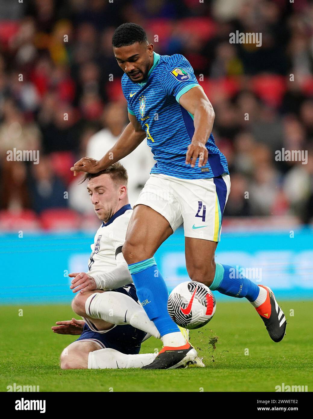Brazil's Bremer (right) is tackled by England's Jarrod Bowen during the ...