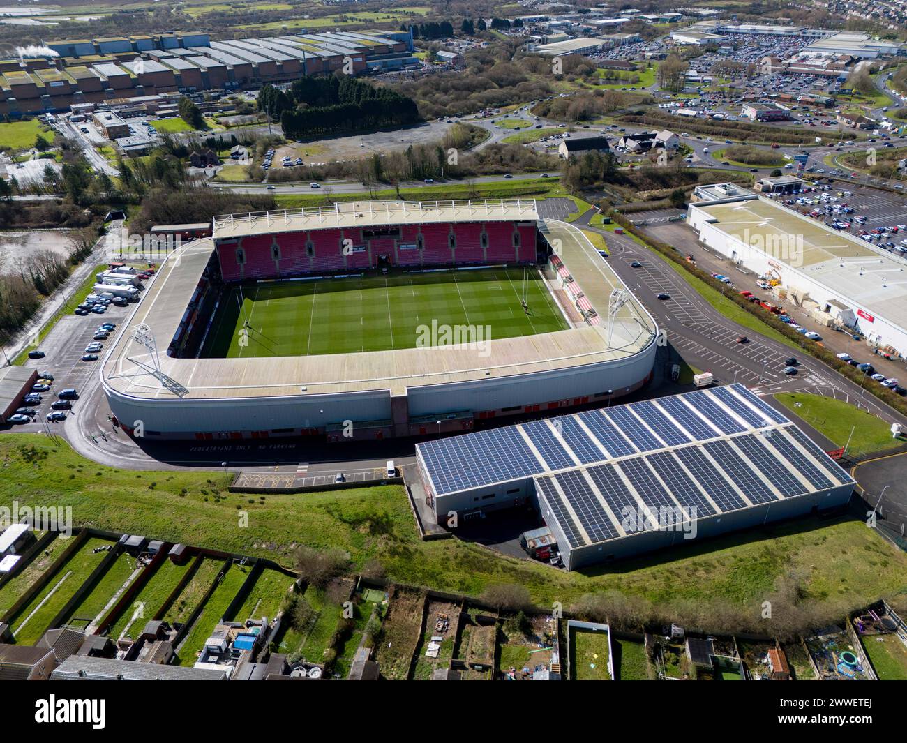 Llanelli, UK. 23rd March 2024. Aerial view of the Parc y Scarlets ...