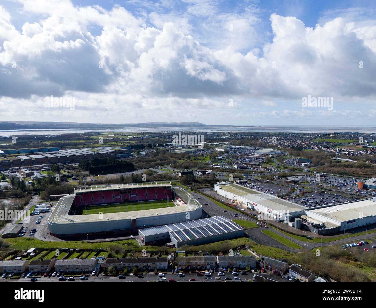Llanelli, UK. 23rd March 2024. Aerial view of the Parc y Scarlets ...