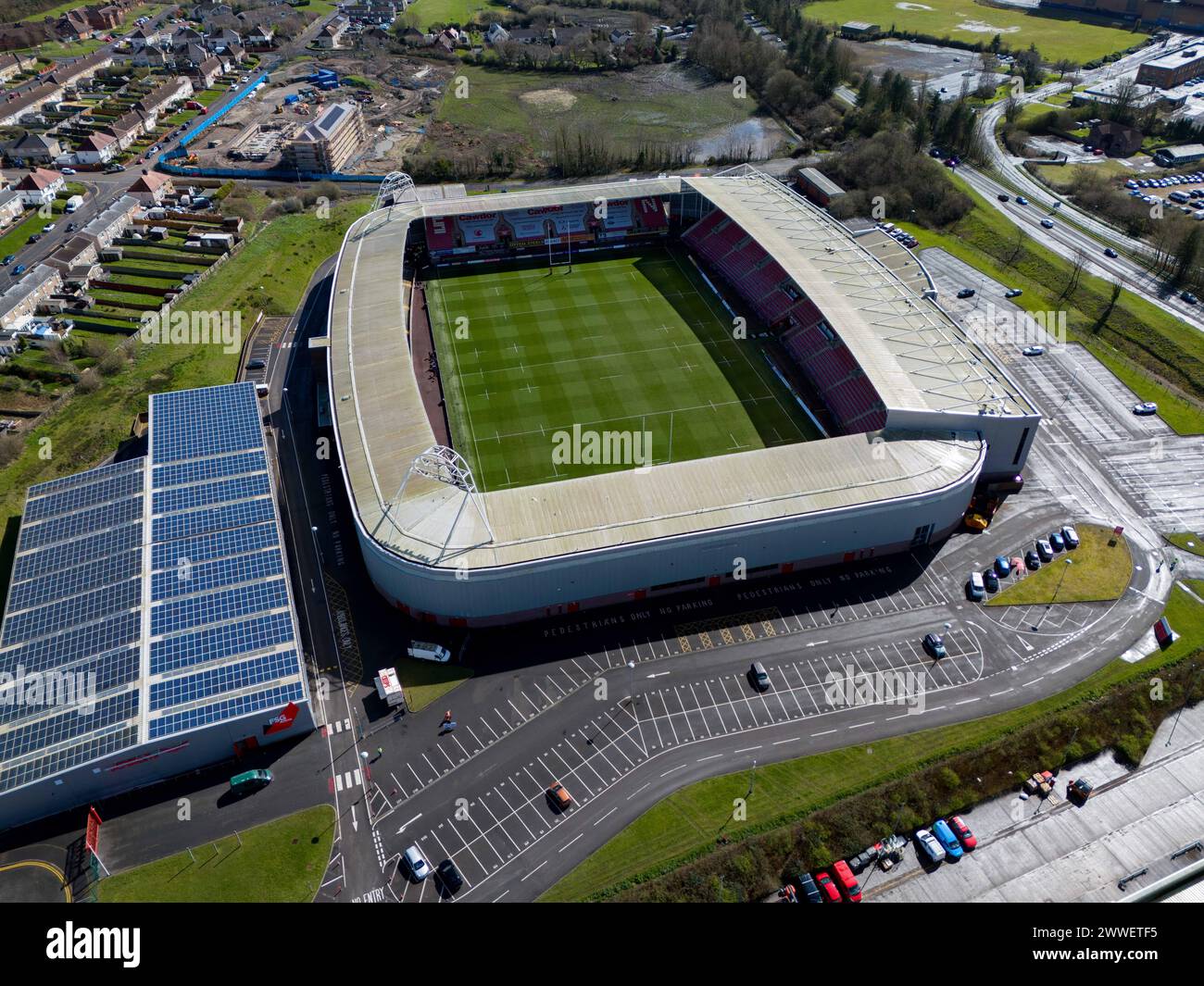 Llanelli, UK. 23rd March 2024. Aerial view of the Parc y Scarlets ...