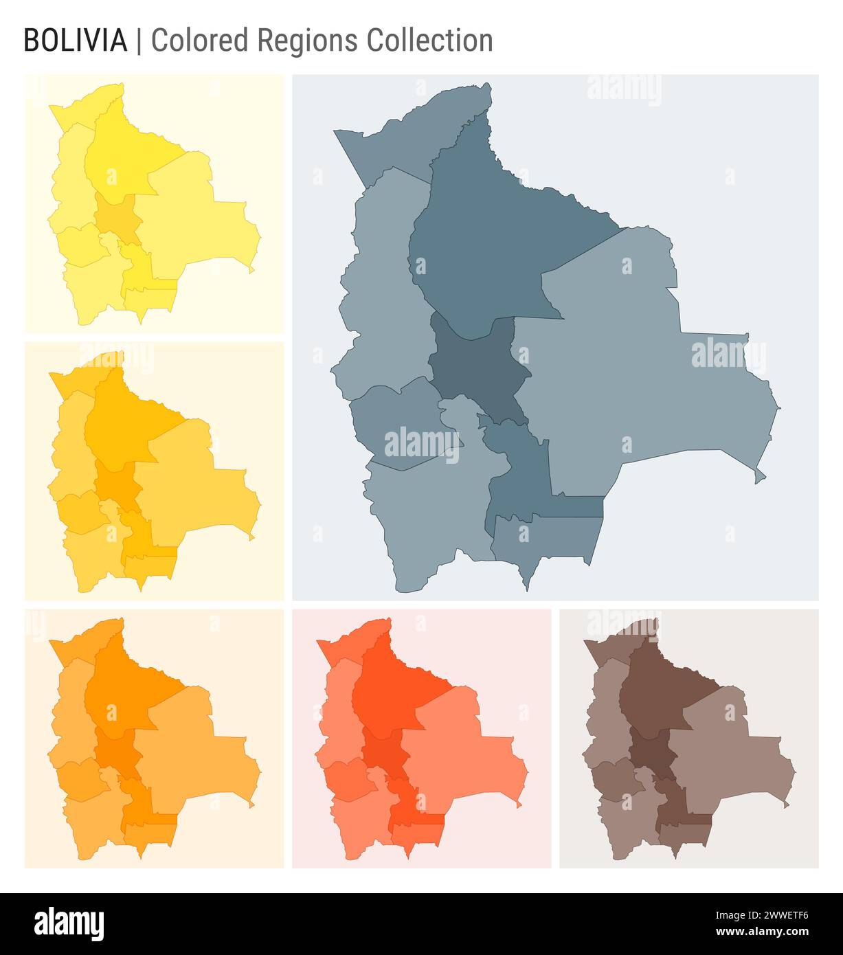 Bolivia map collection. Country shape with colored regions. Blue Grey ...