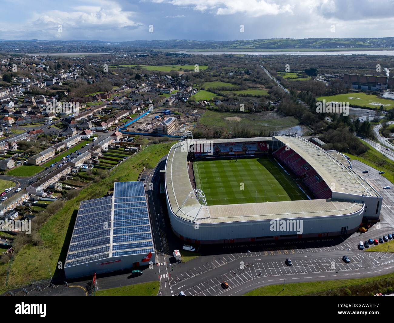 Llanelli, UK. 23rd March 2024. Aerial view of the Parc y Scarlets ...