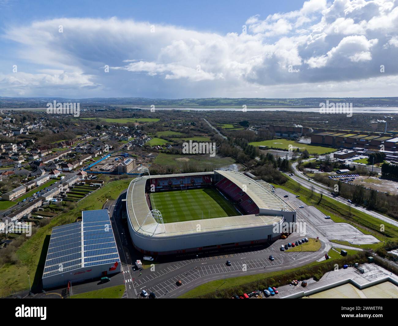 Llanelli, UK. 23rd March 2024. Aerial view of the Parc y Scarlets ...
