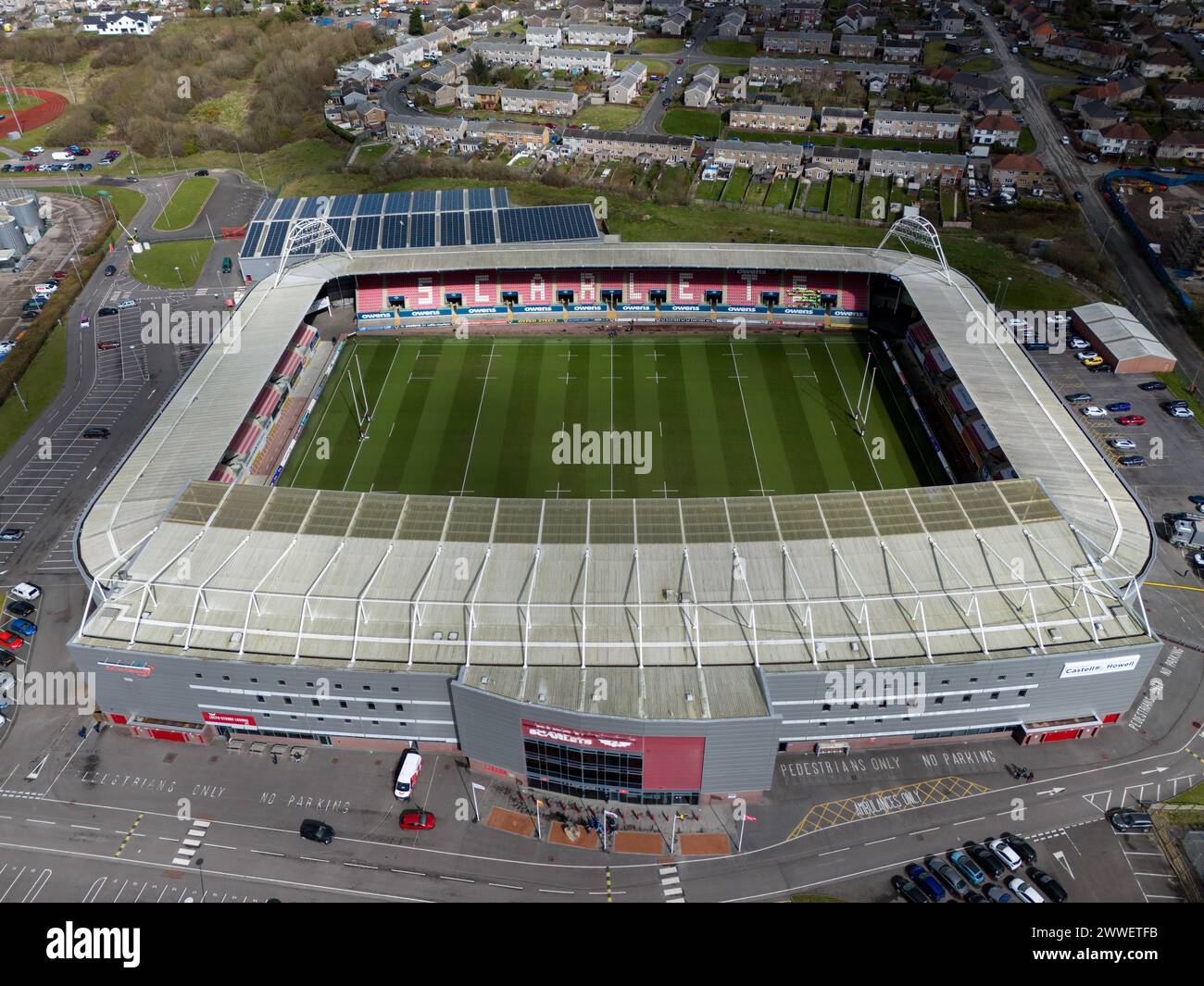 Llanelli, UK. 23rd March 2024. Aerial view of the Parc y Scarlets ...