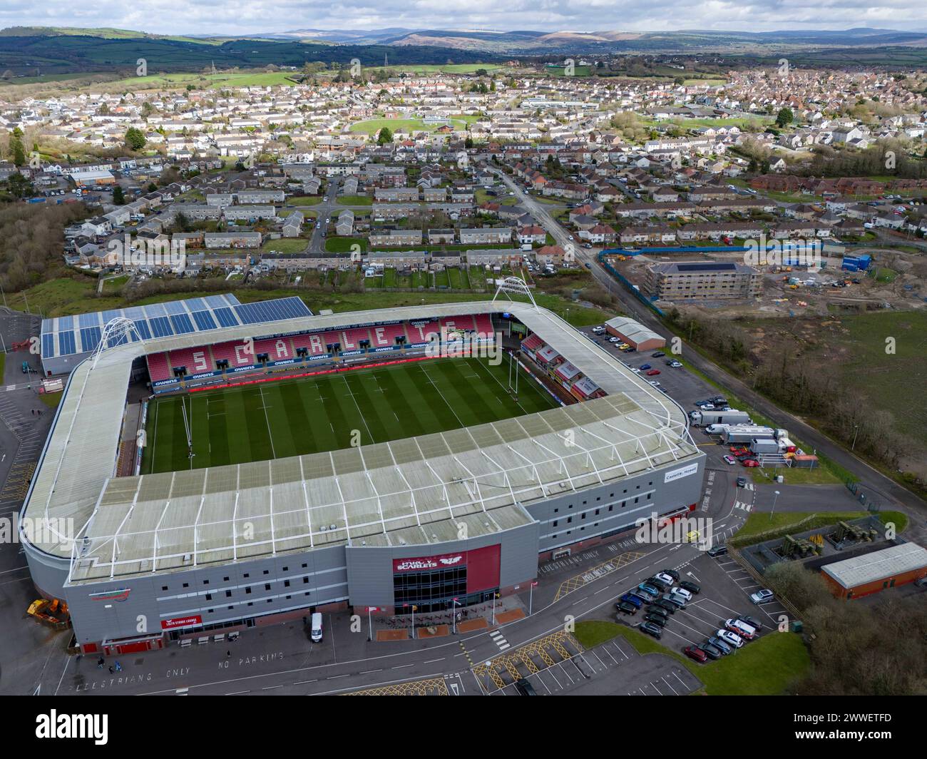 Llanelli, UK. 23rd March 2024. Aerial view of the Parc y Scarlets ...