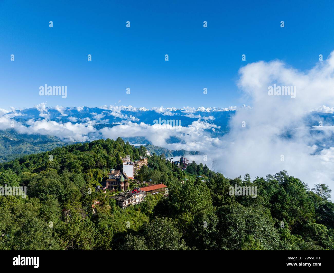 Aerial view of the peaks of Himalaya from Nagarkot, Nepal. A sea of ...