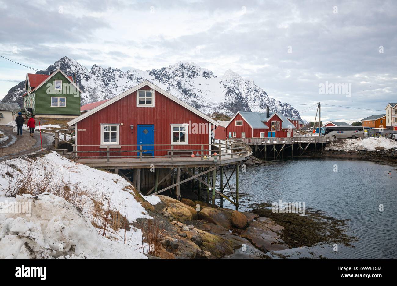 Scenic view of classic red norwegian houses in the fishing village of ...