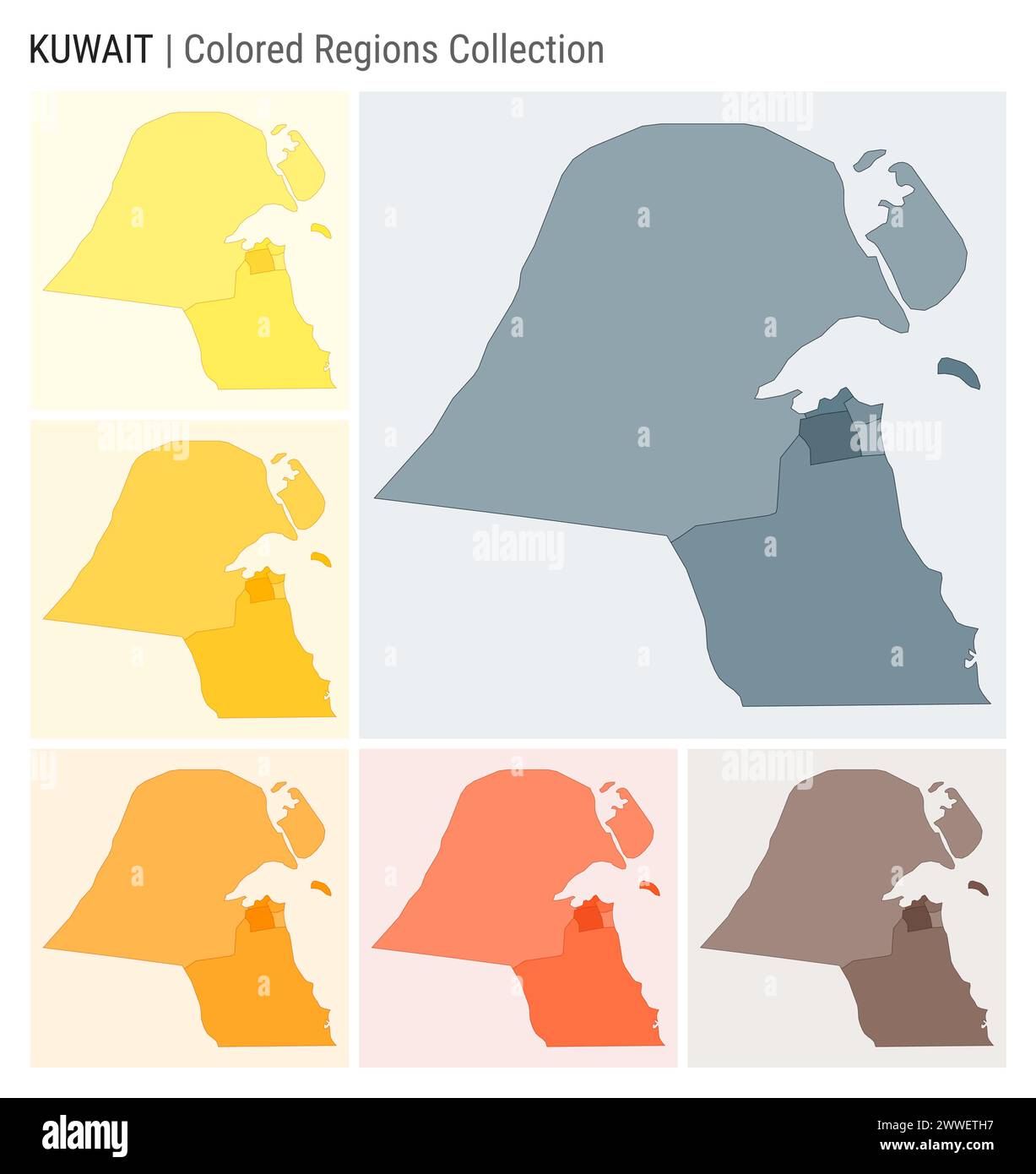 Kuwait map collection. Country shape with colored regions. Blue Grey ...