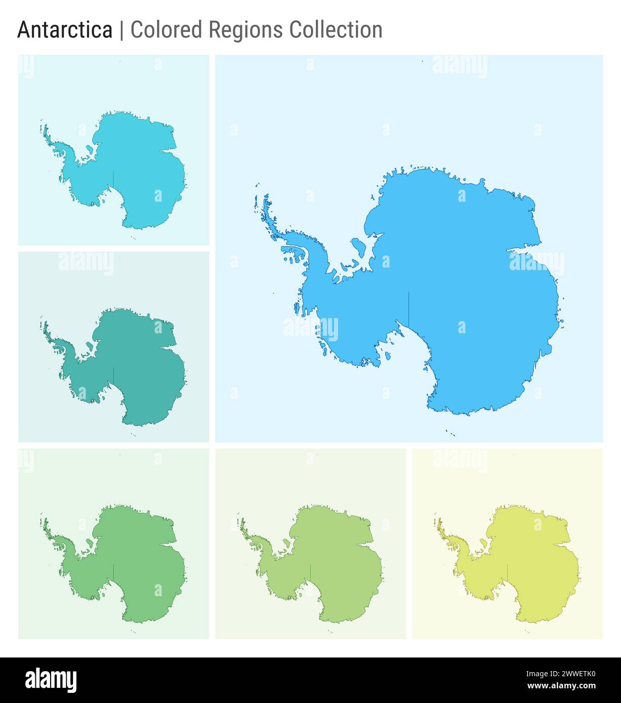 Antarctica map collection. Continent shape. Colored countries. Light ...
