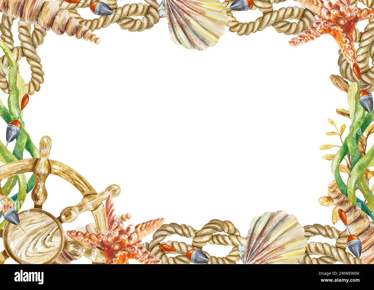 Marine frame, watercolor. Steering wheel, starfish, rope, shells ...