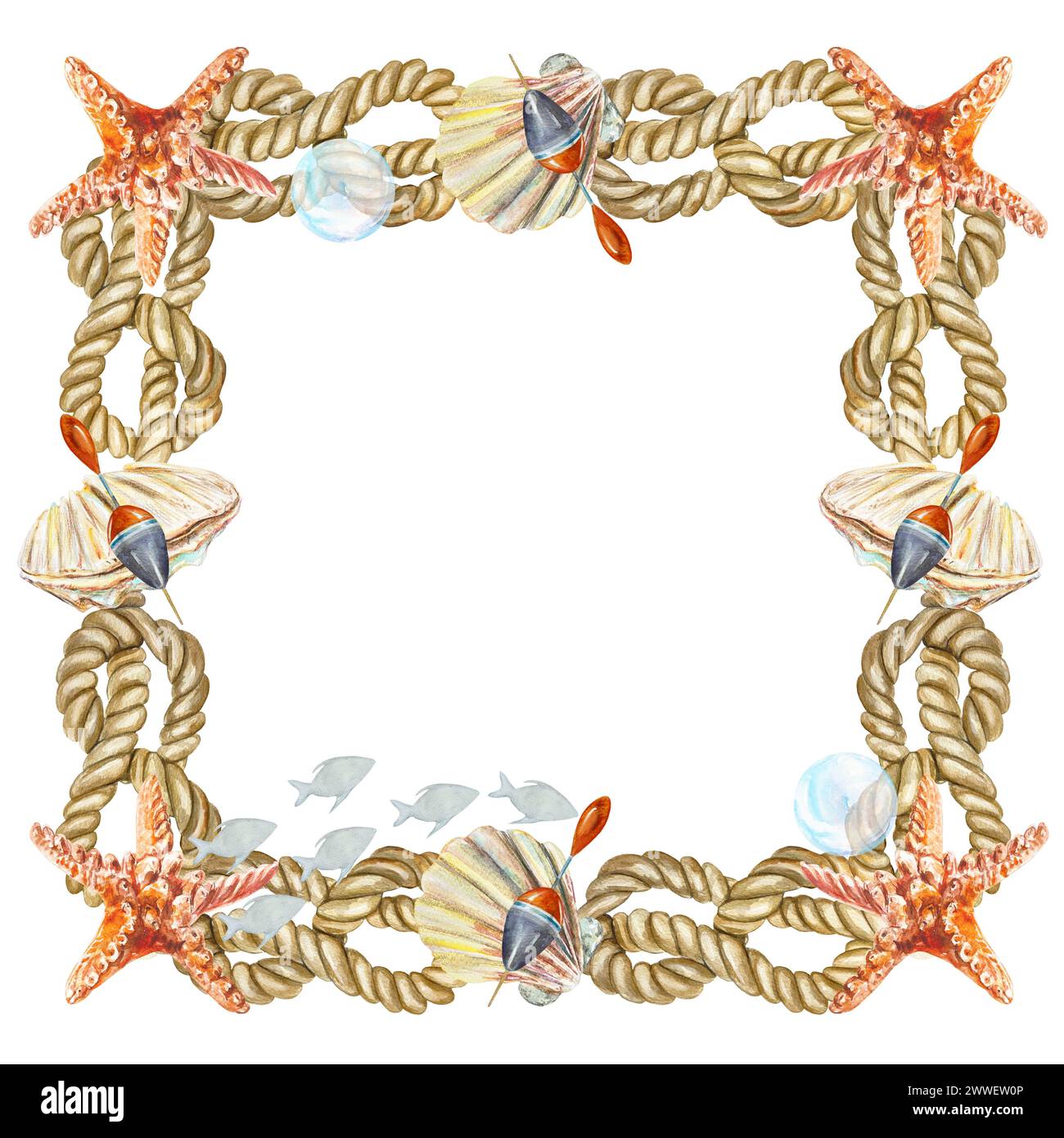 Marine frame, watercolor. Rope, starfish, float, shells. Frame ...