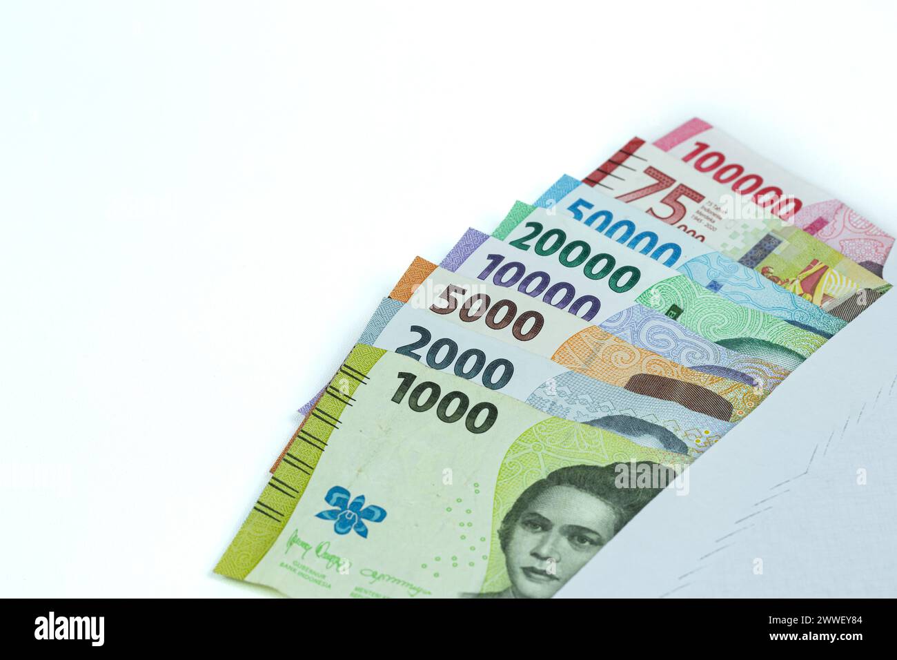 Indonesian currency. Stack of Rupiah or IDR banknotes inside white ...