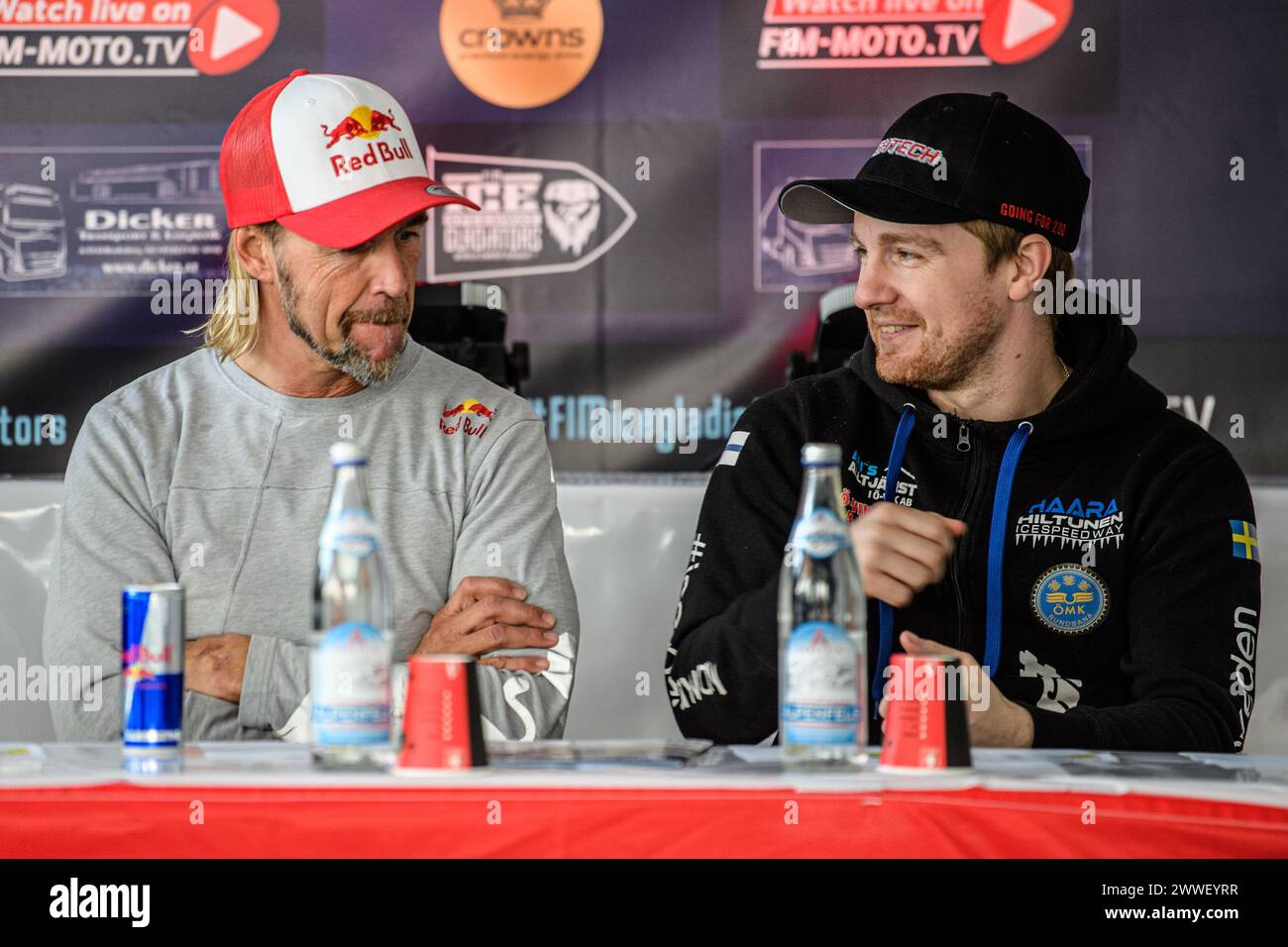 Franky Zorn (Left) chats with Martin Haarahuiltunen during the FIM Ice ...