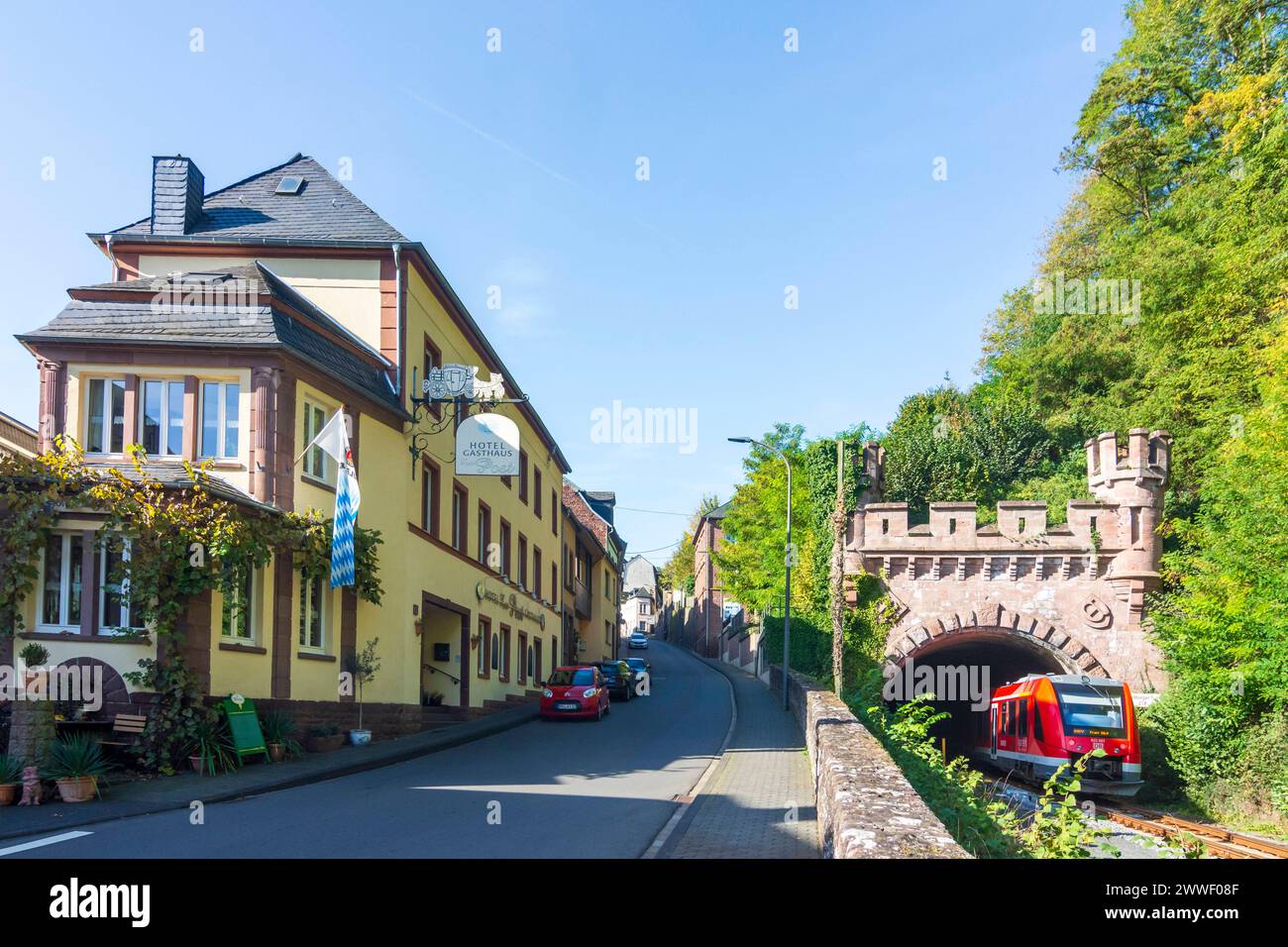 Kyllburg old town, hotel Zur Post, Kyllburger Tunnel, local train of DB ...