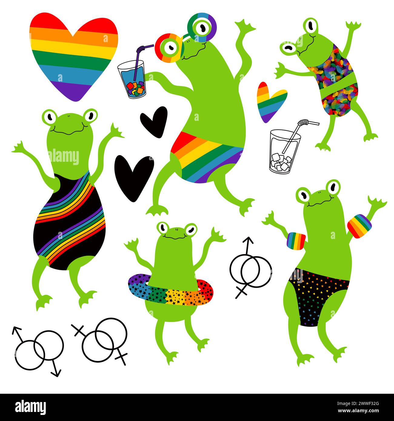 Cartoon summer print with rainbow lgbt frogs set pride animals pattern ...