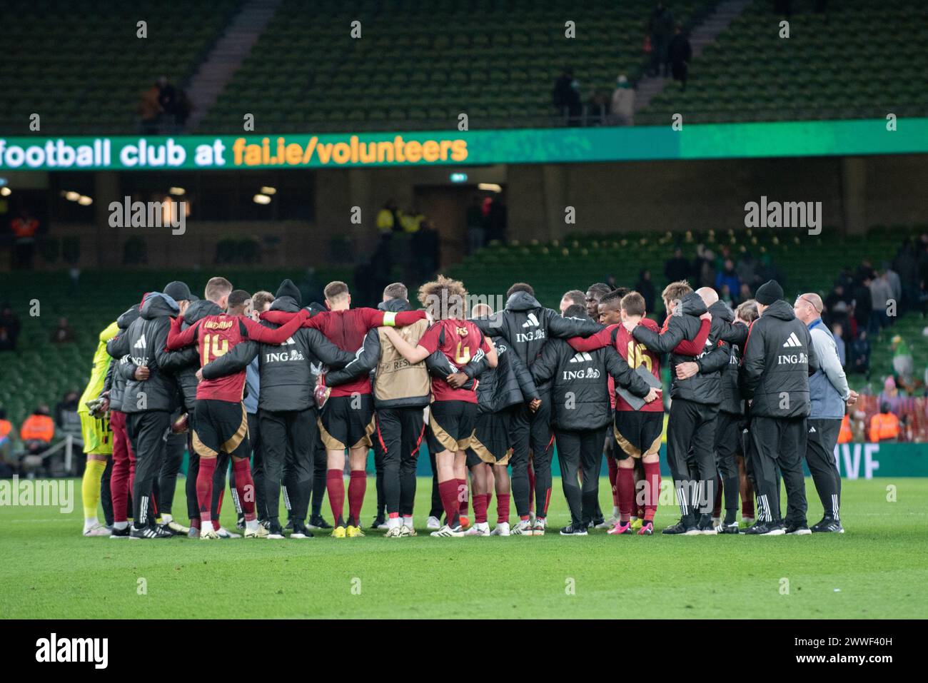 Dublin, Ireland. 23rd Mar, 2024. The Belgian football team in a huddle ...
