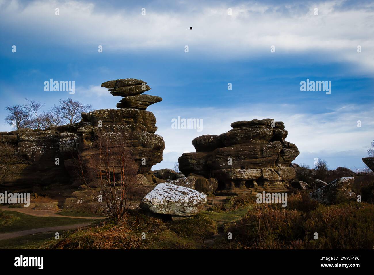Scenic view of unique rock formations under a blue sky with a solitary ...