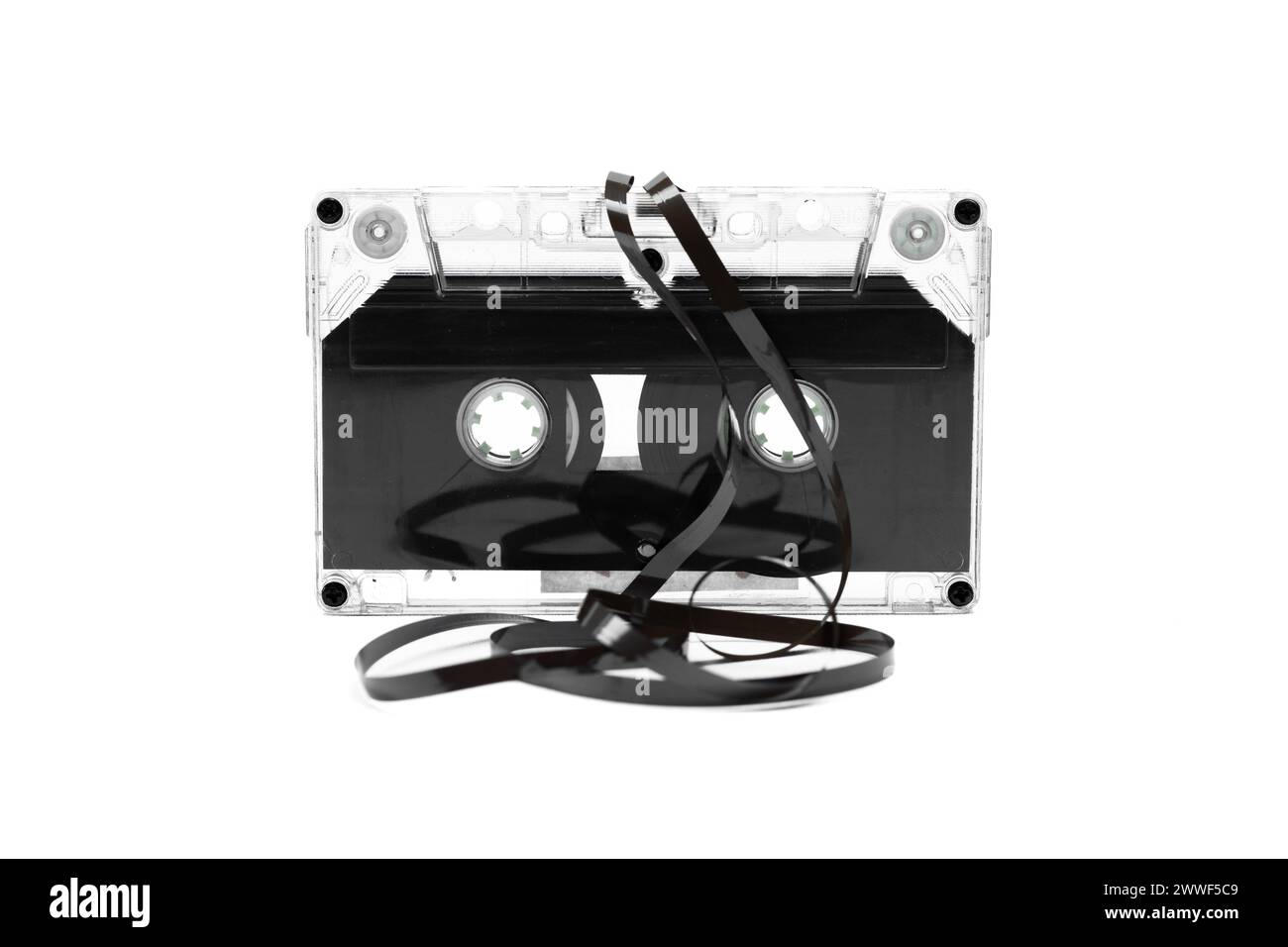 Audio cassette tape. Vintage cassette with crumpled ribbon on white ...