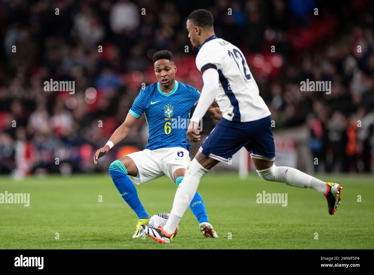 London, UK. 23 March, 2024. Jude Bellingham #10 of England tackled by ...