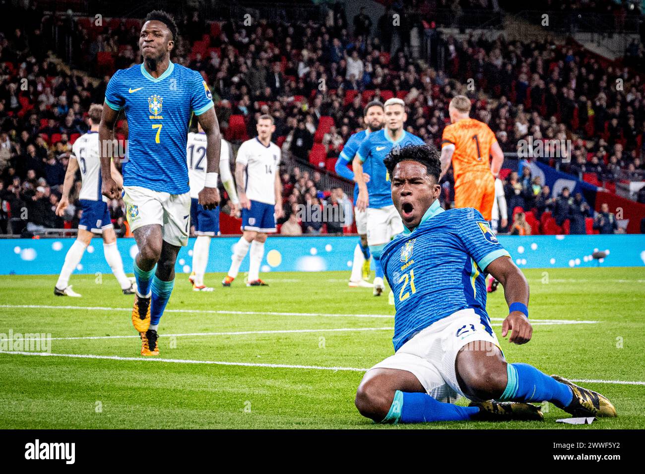 London, UK. 23rd Mar, 2024. Endrick of Brazil celebrates after scoring ...