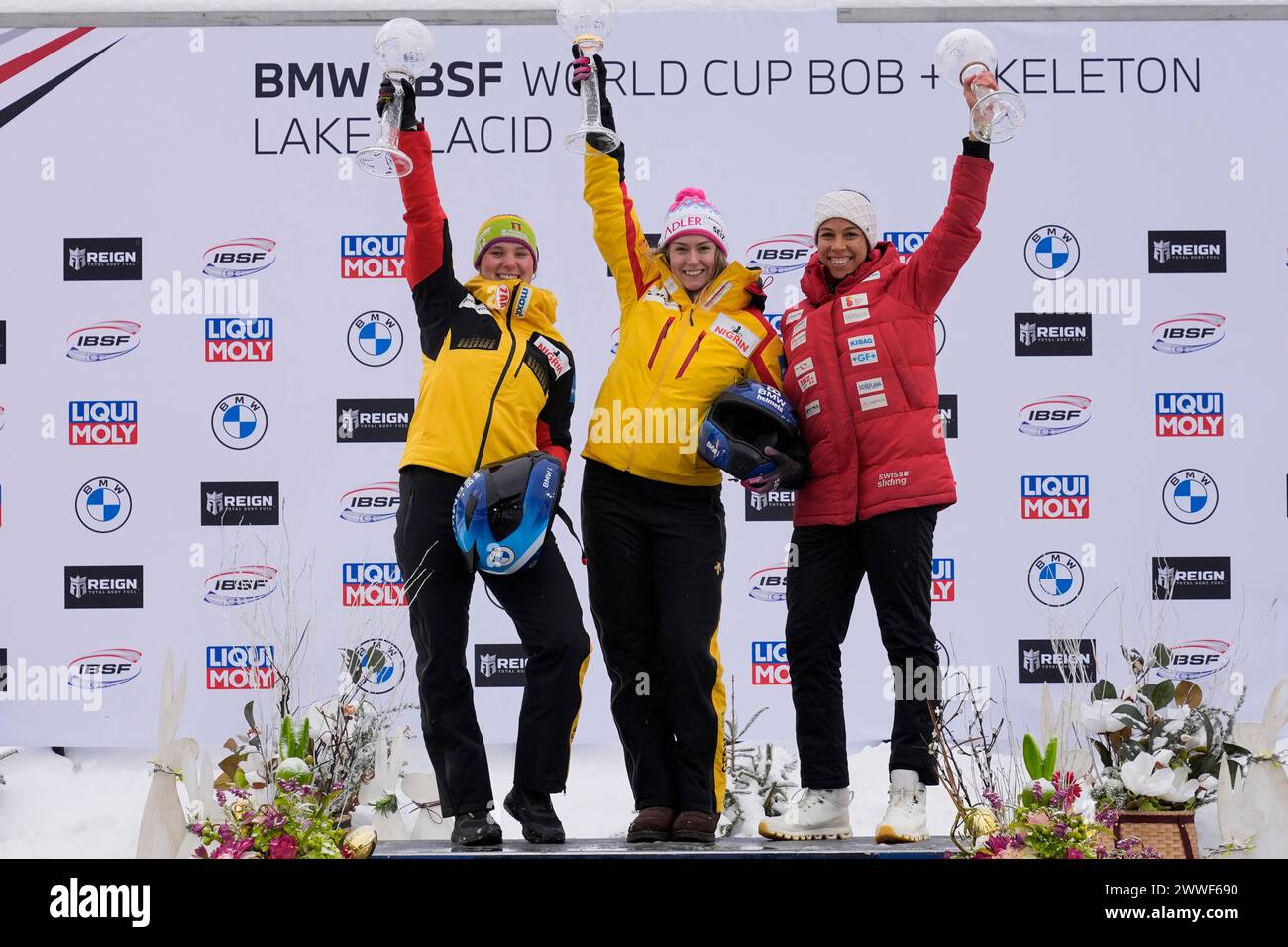 Combined season winners of the monobob and 2-women bobsled pose for a ...