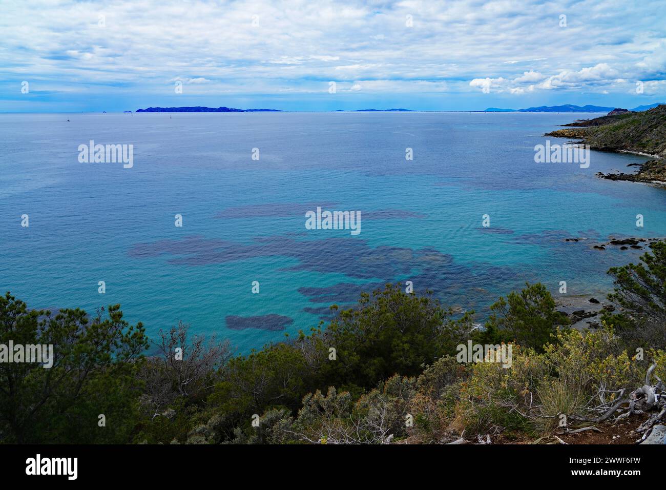 View of the landscape in Cap Benat, a cape on the Mediterranean Sea in ...