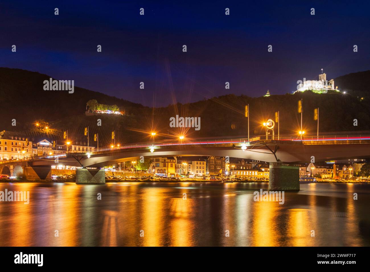 Bernkastel Old Town, bridge above river Mosel Moselle, Landshut Castle ...