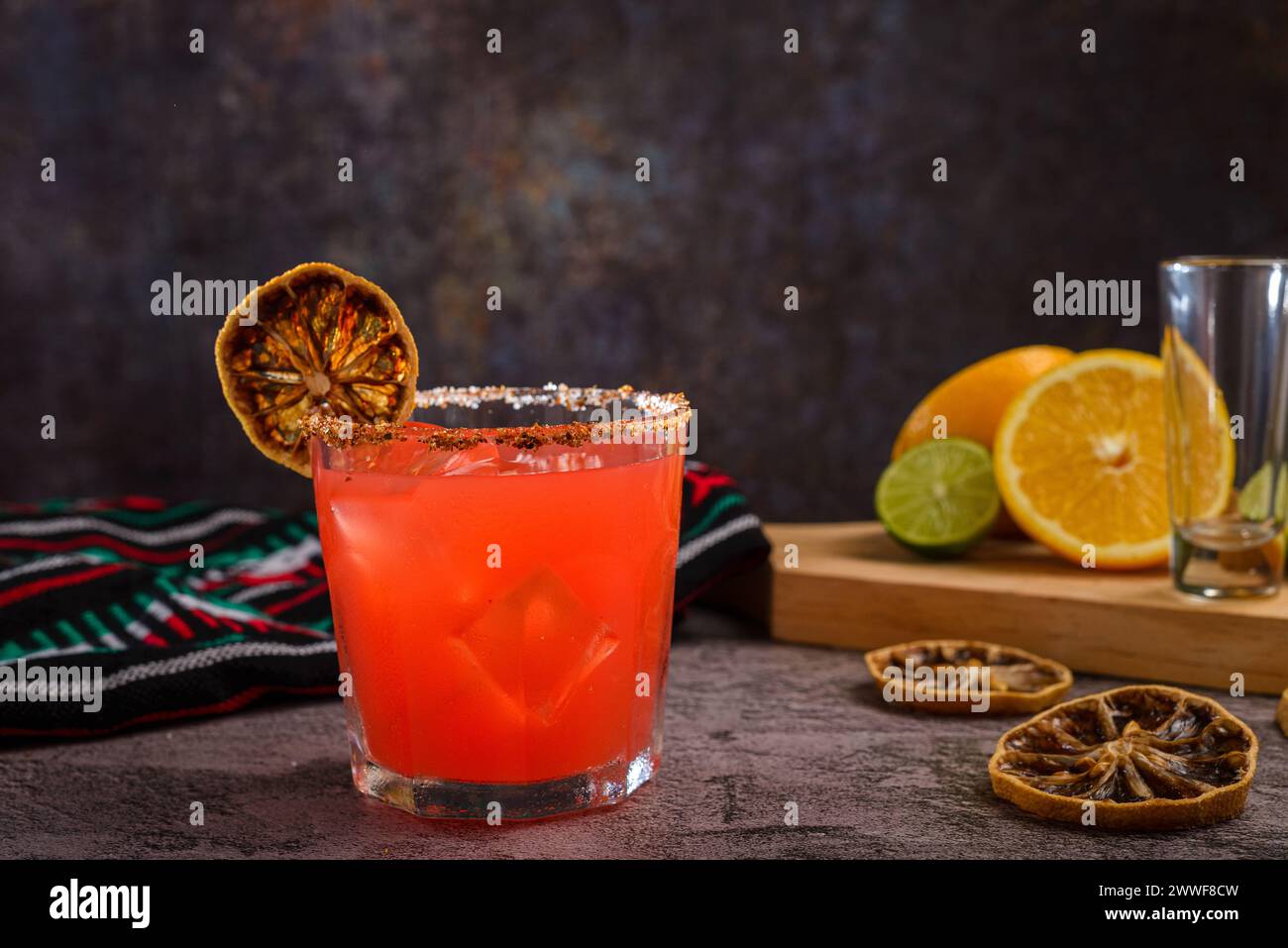 Original vampire, traditional mexican cocktail and its ingredients on a ...
