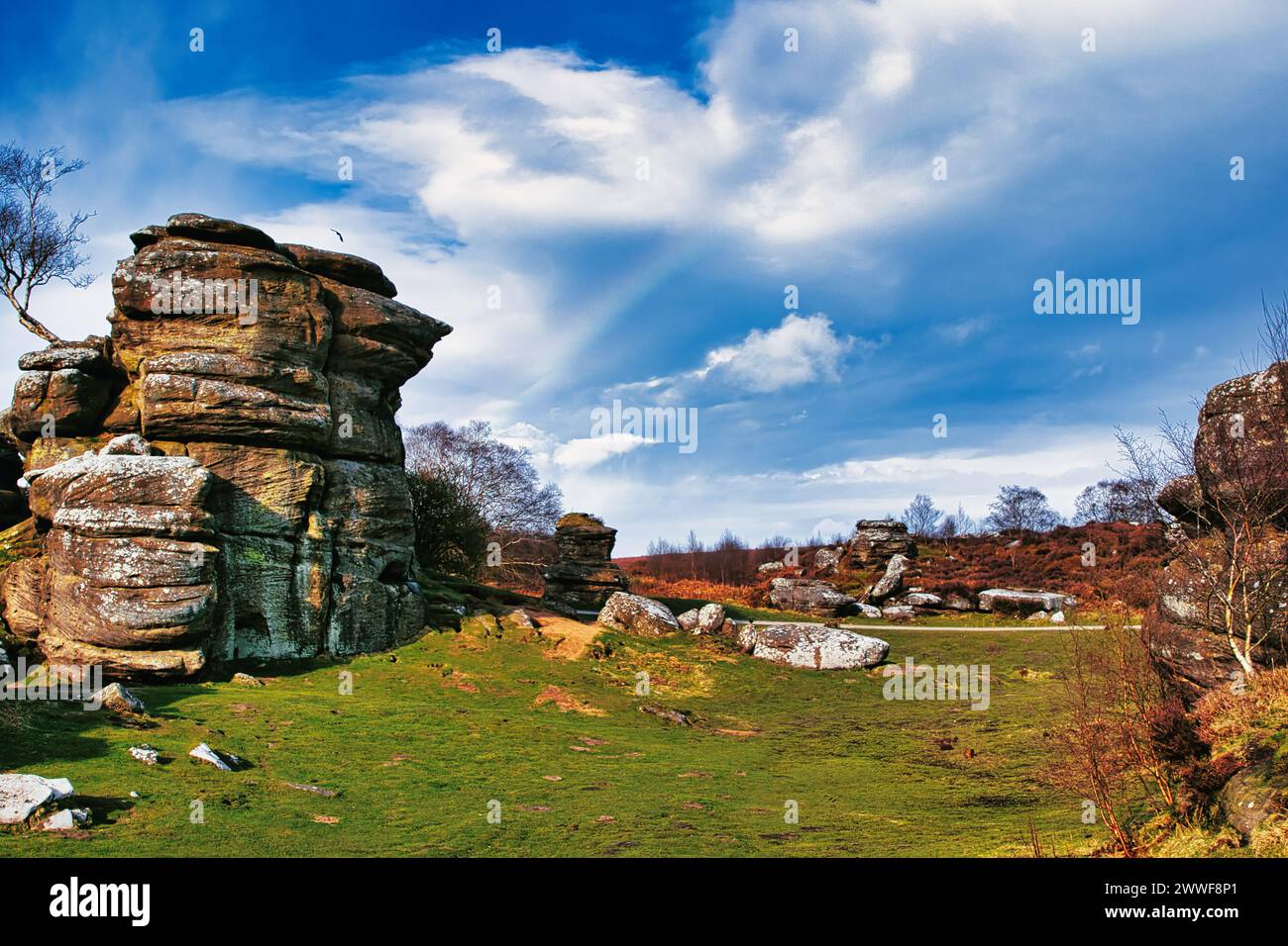 Scenic view of rock formations and lush greenery under a blue sky with ...