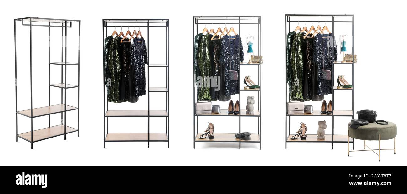 Set of modern shelving units with hanging female dresses and ...