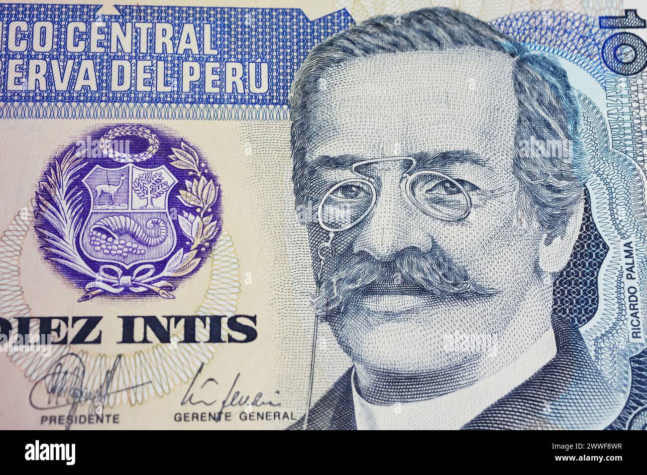 Portrait of author Ricardo Palma on 80s peruvian Intis currency ...