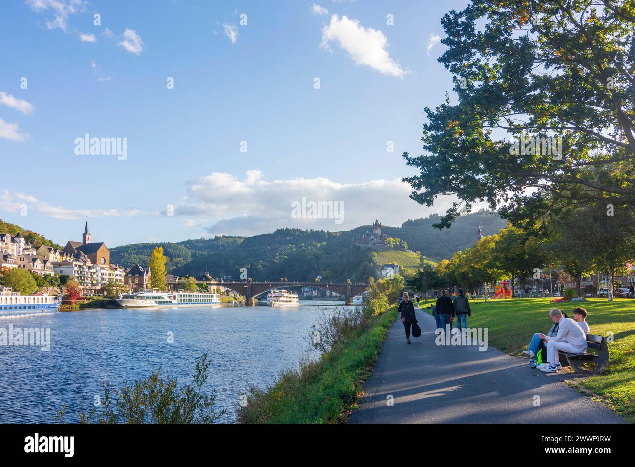 river Mosel Moselle, passenger ships, Skagerrak Bridge, Reichsburg ...
