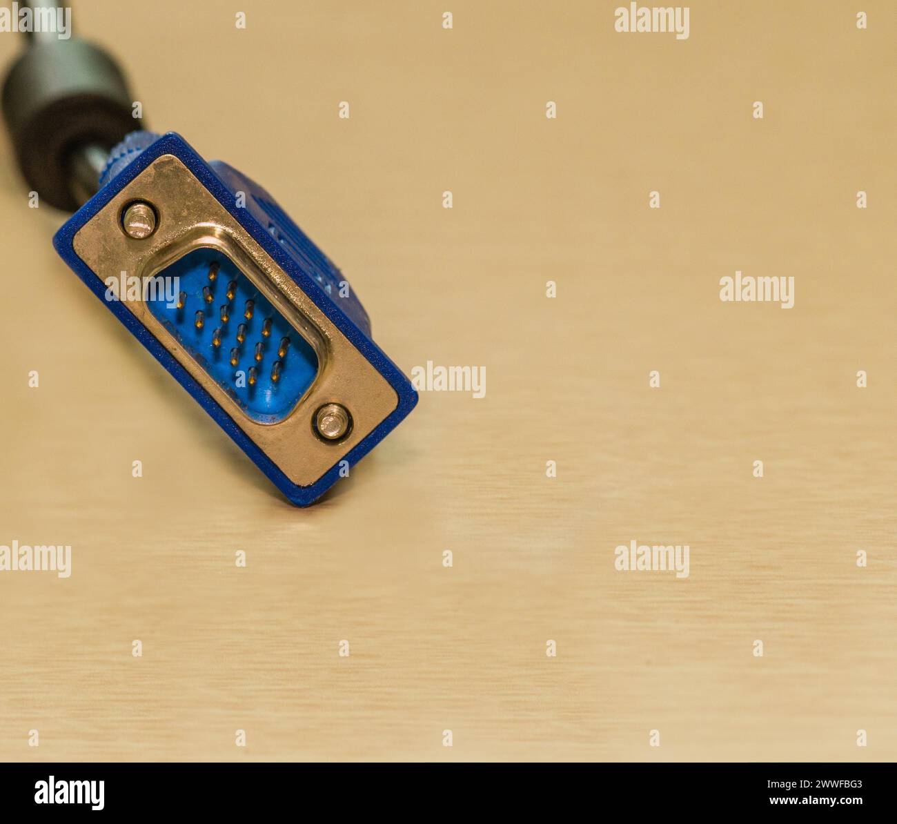 Blue VGA connector of a computer cable against a light background, in ...