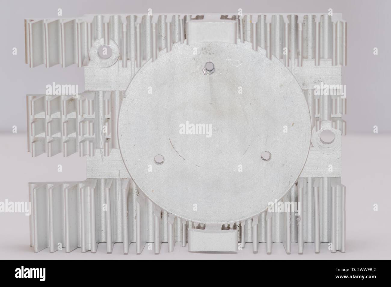 Closeup of fins and fan mounting surface of rectangle aluminum heat ...