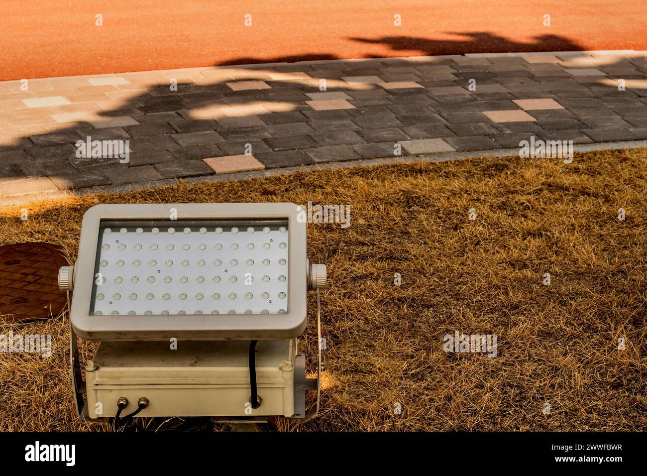 Outdoor LED light casting a shadow on the grass next to a paved path ...