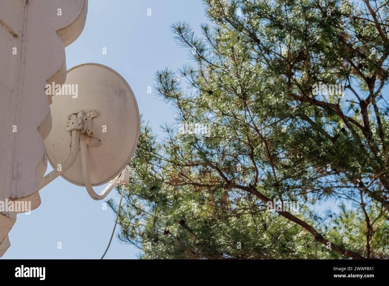 A white satellite dish mounted on a wall with a tree and blue sky in ...