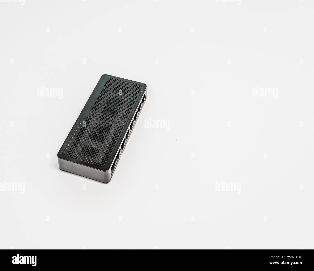 Top view of black wireless router used for home computer network Stock ...