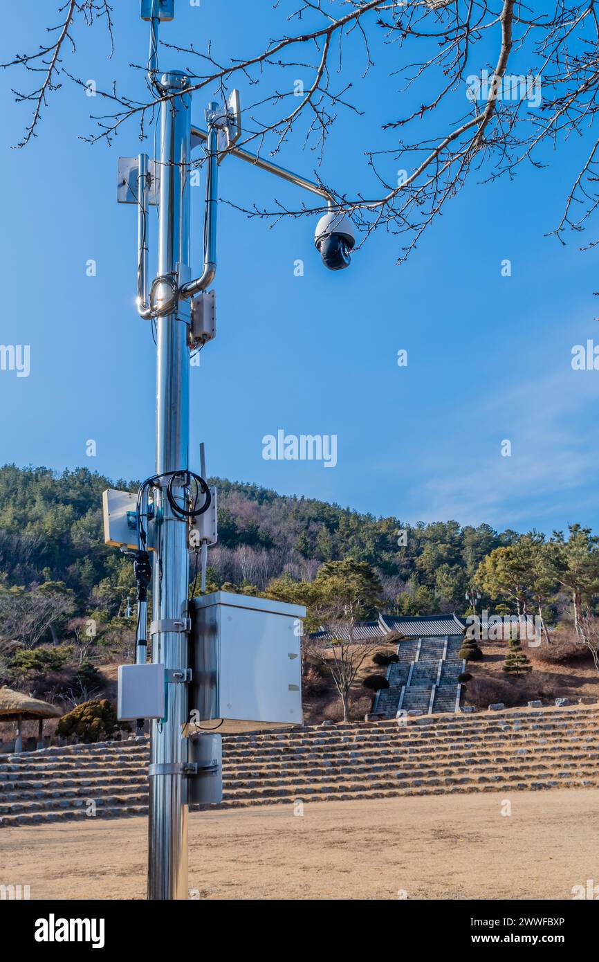 Wi-fi, CCTV with 5 G transmitters on chrome pole in from of evergreen ...