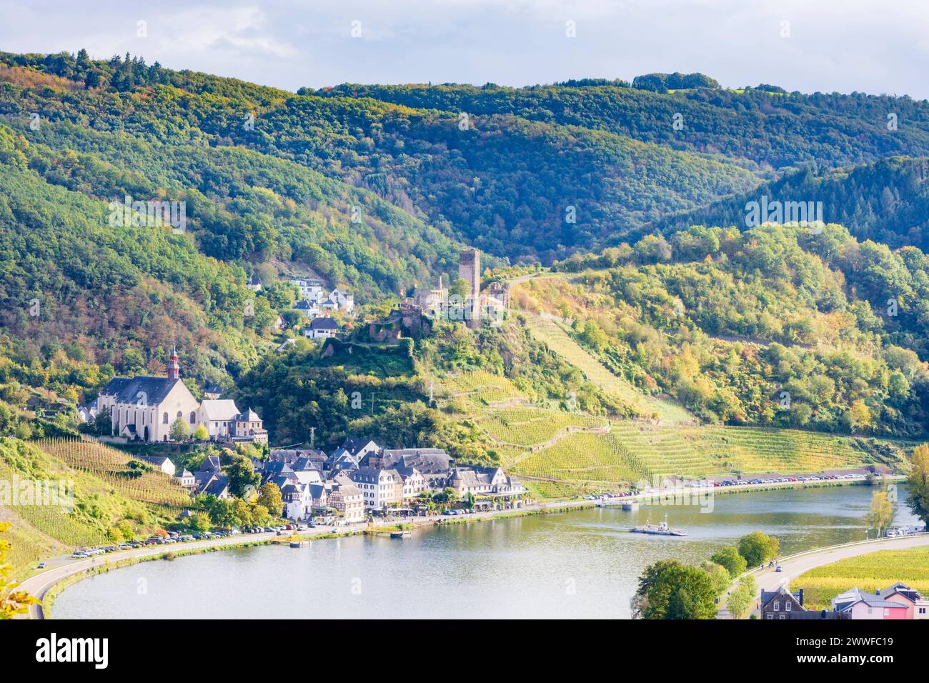 river Mosel Moselle, ferry, Saint Josephs Catholic Parish Church ...