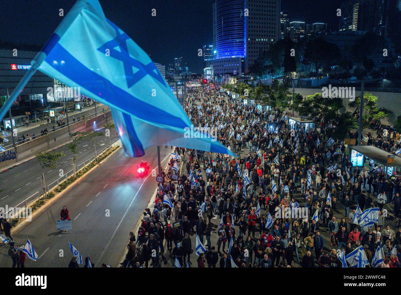Tel Aviv, Israel. 23rd Mar, 2024. Israelis marching in a mass protest ...
