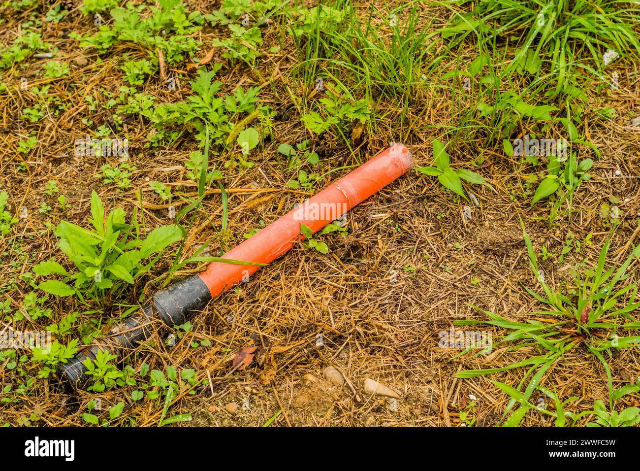 An orange tube on the grassy ground, symbolizing the issue of littering ...