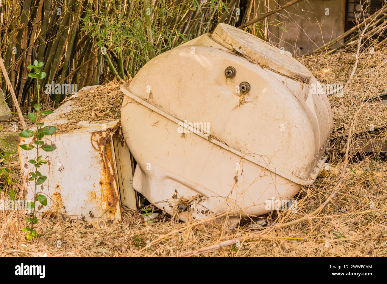 Abandoned, rusting water tank and old refrigerator dumped in overgrown ...