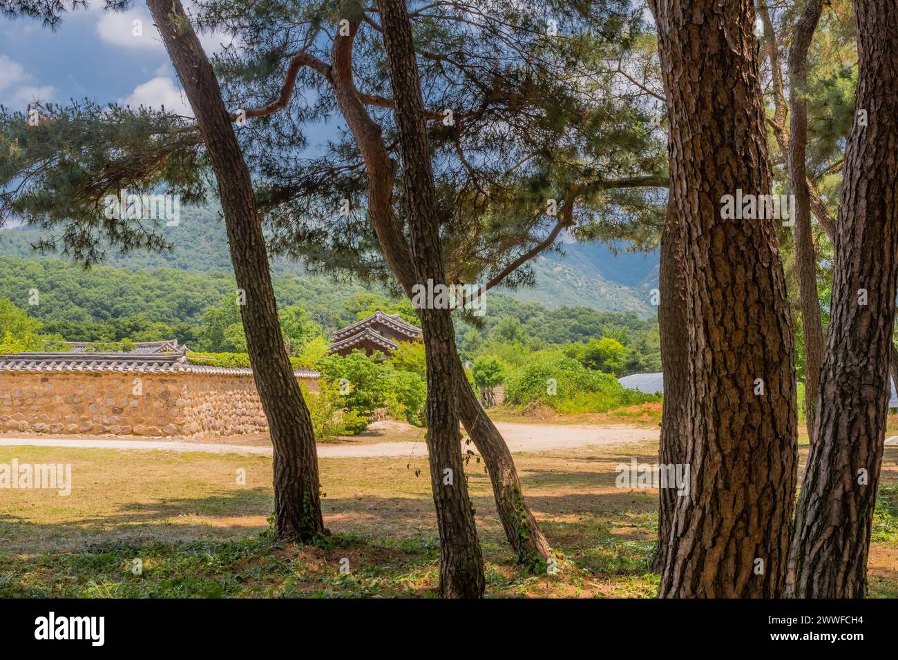 Korean traditional wall enclosing community buildings taken from under ...