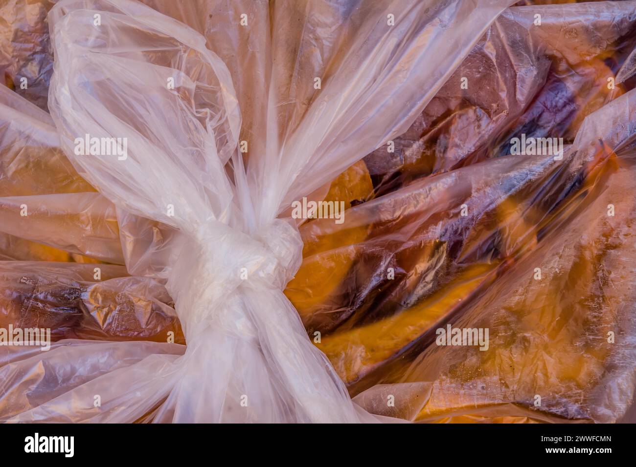 Macro shot of a tied plastic bag revealing the textures of trapped fall ...