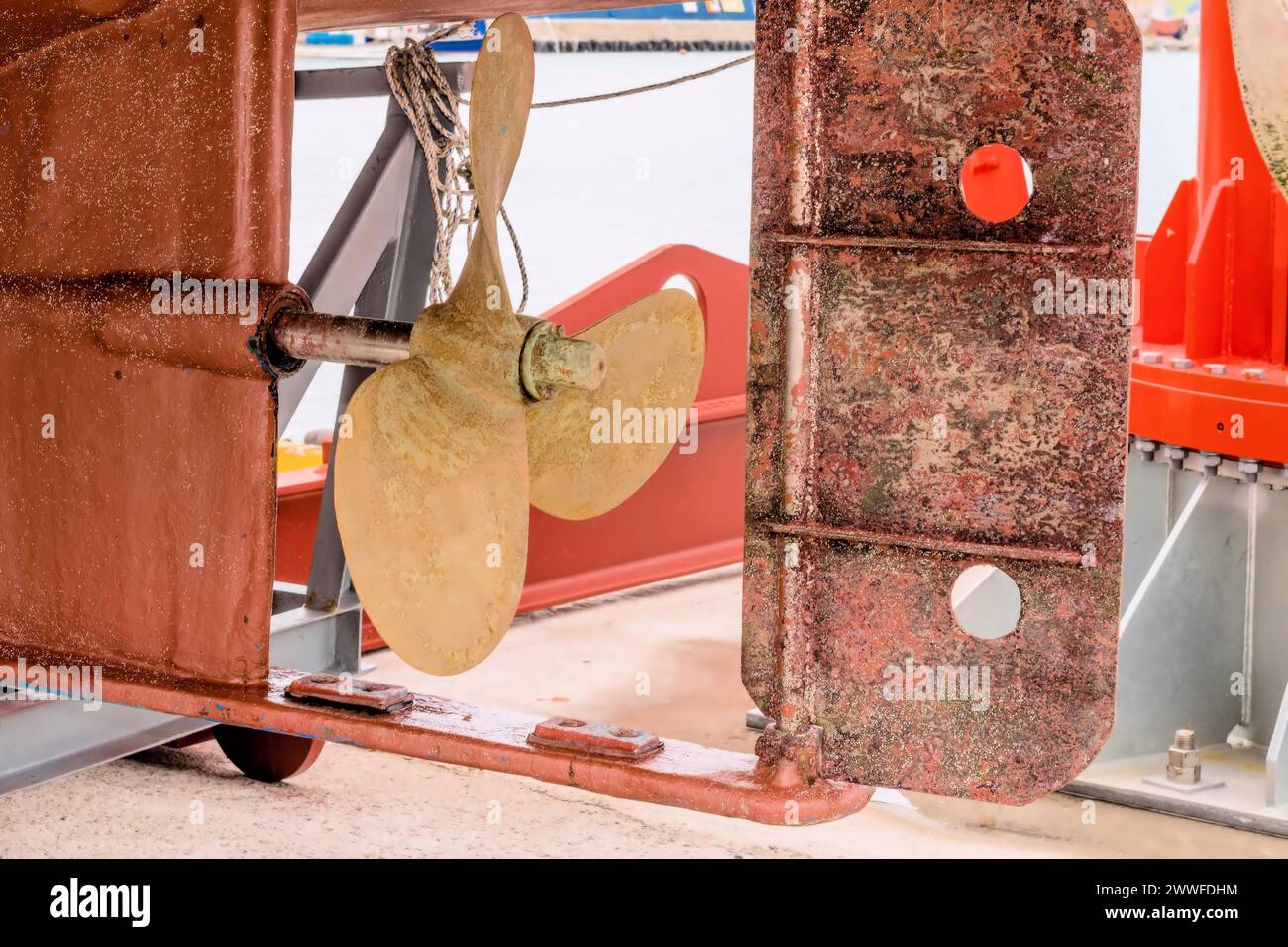 Rusty ship propeller on dry dock, showcasing textures of marine wear ...