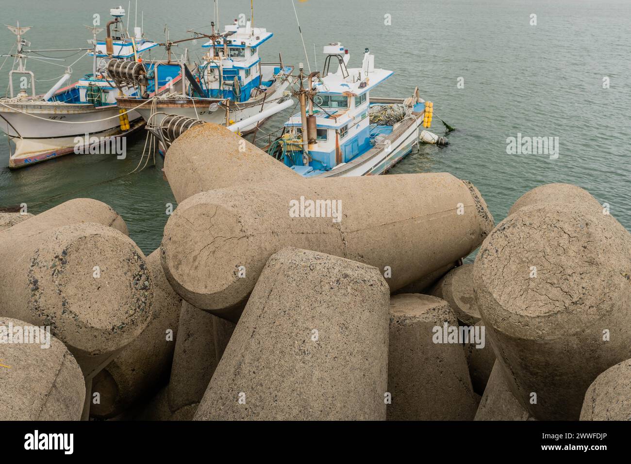 Fishing boats docked at a marina, surrounded by concrete wave blocks on ...