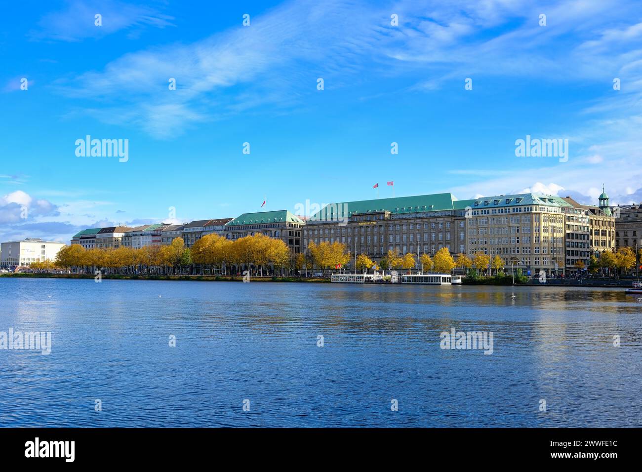 View over the Inner Alster Lake, Hapag Lloyd building behind, Hanseatic ...